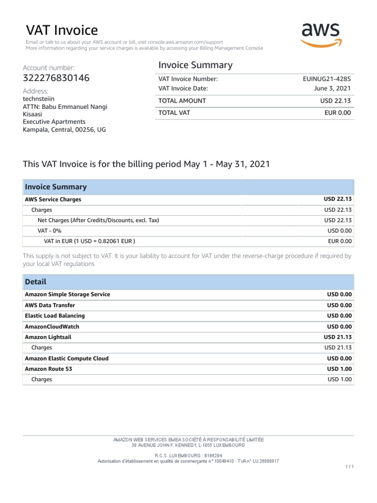 VAT Invoice for AWS Service Charges Totaling $22.13 for Account Number ...