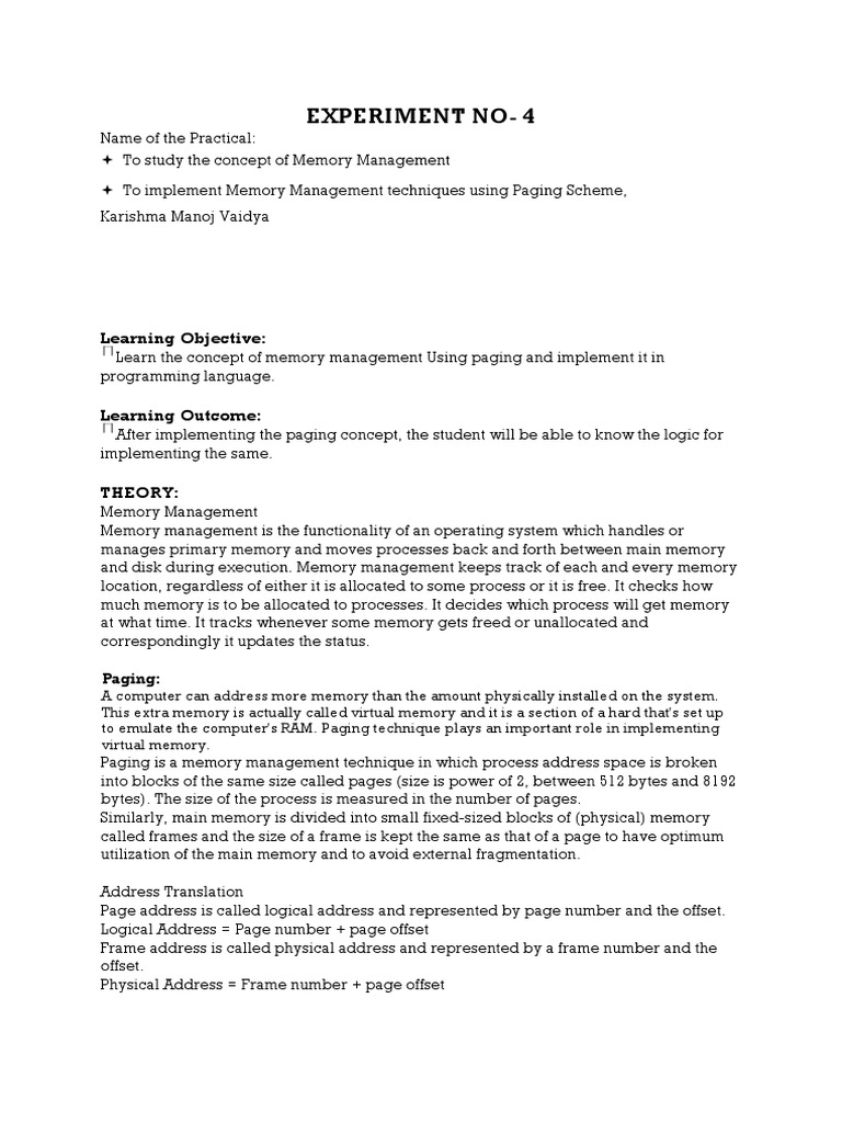 Karishma Exp4 Os | PDF | Computer Hardware | Computer Memory