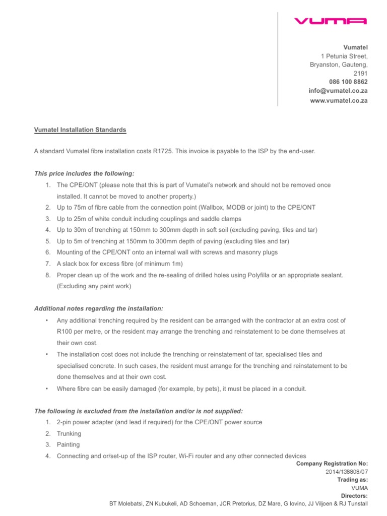 Vumatel: This Price Includes The Following | Download Free PDF ...