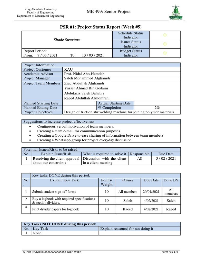 PSR #1: Project Status Report (Week #5) | PDF