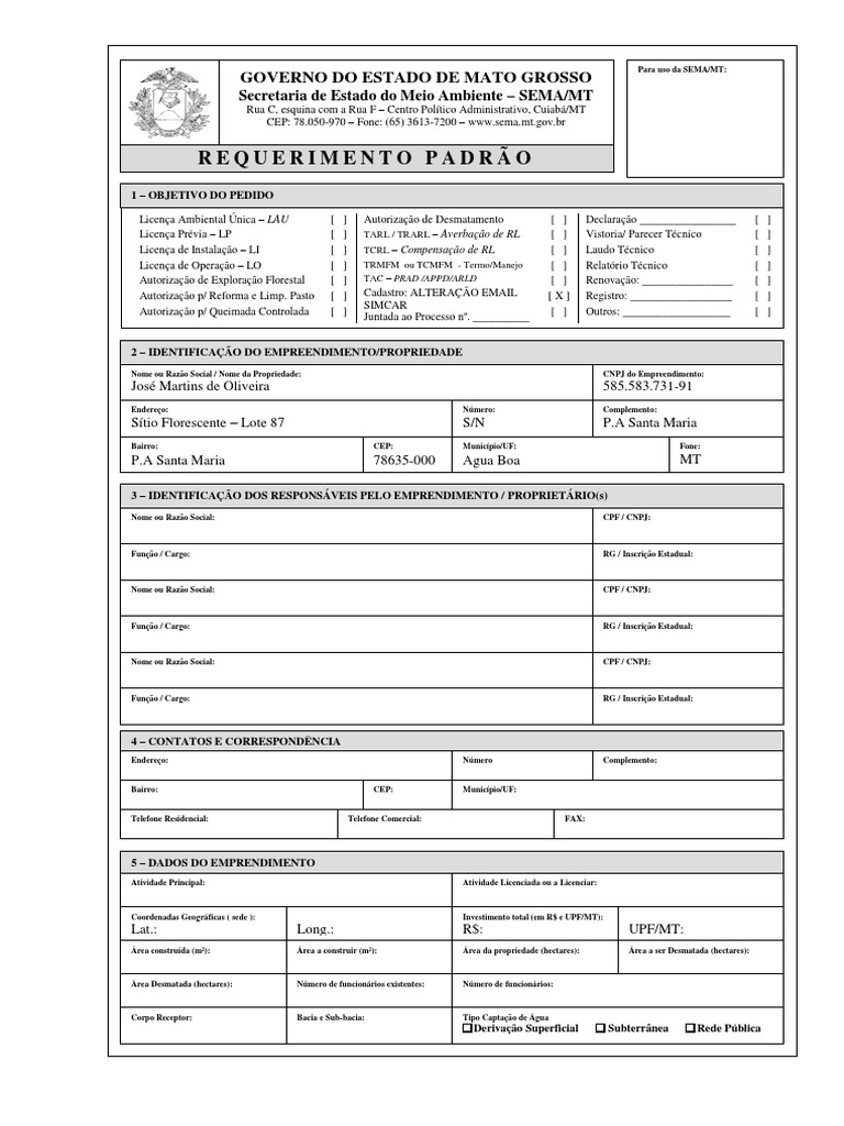 Requerimento Padrão SEMA/MT | PDF