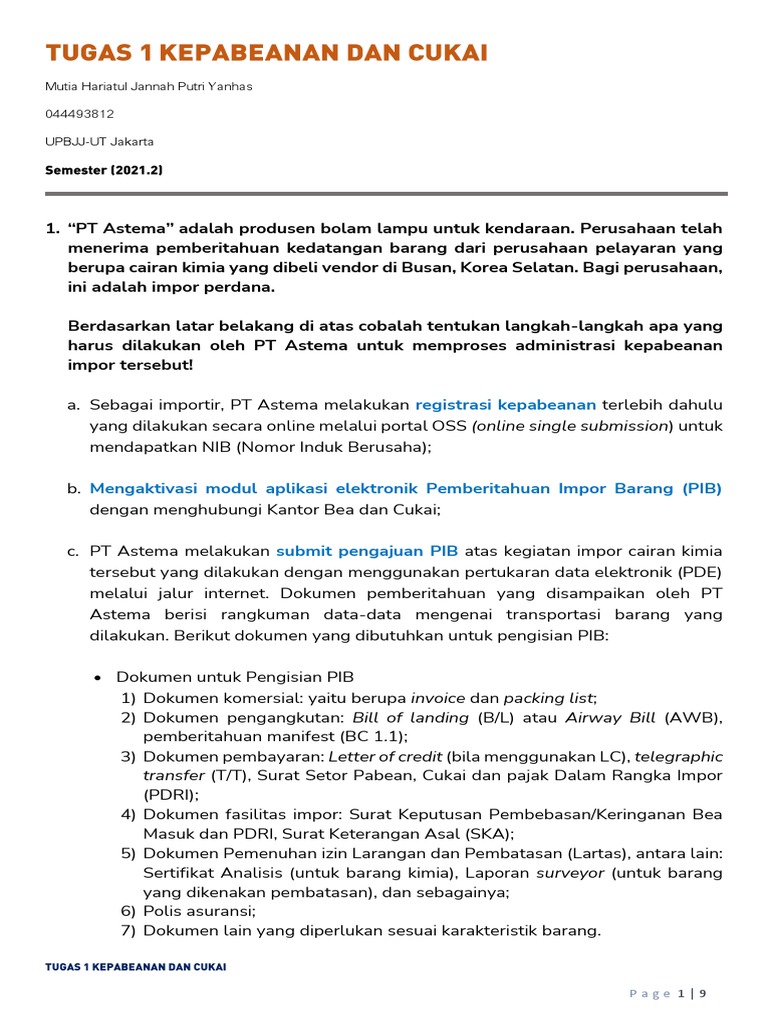 Tugas 1 Kepabeanan Dan Cukai | PDF | Bisnis