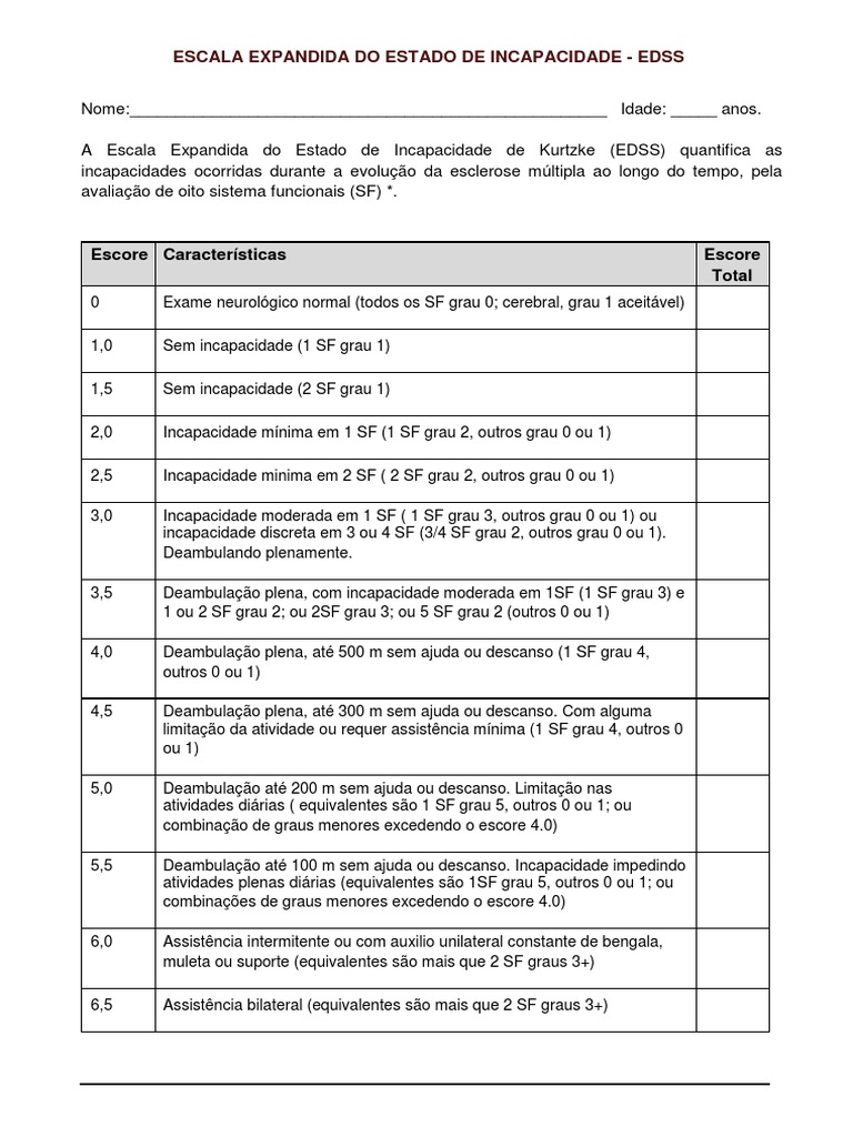 EDSS - Escala de Deficiência Esclerose Multipla | PDF | Neurociência | Especialidades médicas