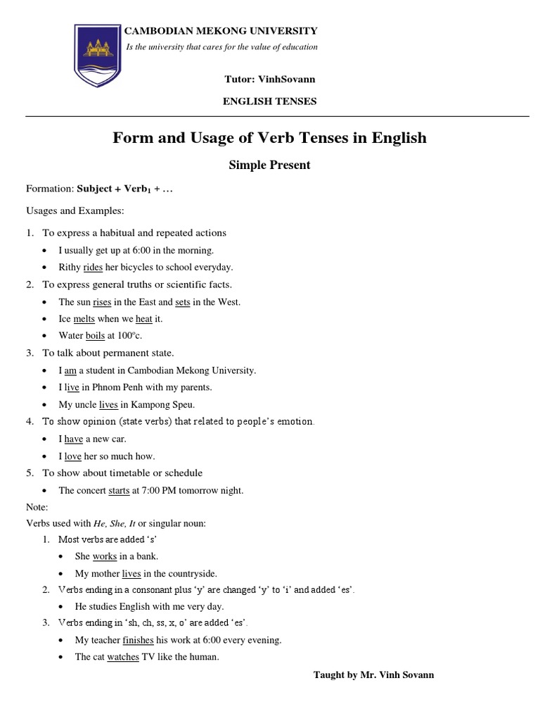 Form and Usage of Verb Tenses in English: Simple Present | PDF ...