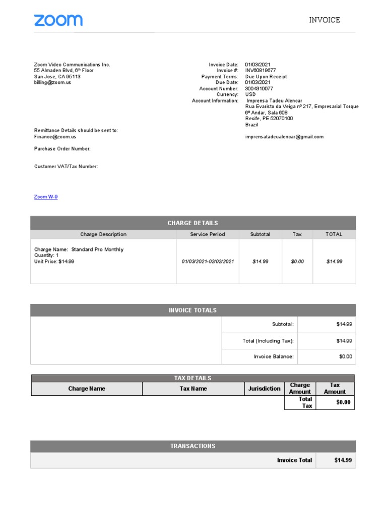 Zoom Invoice | Download Free PDF | Invoice | Receipt