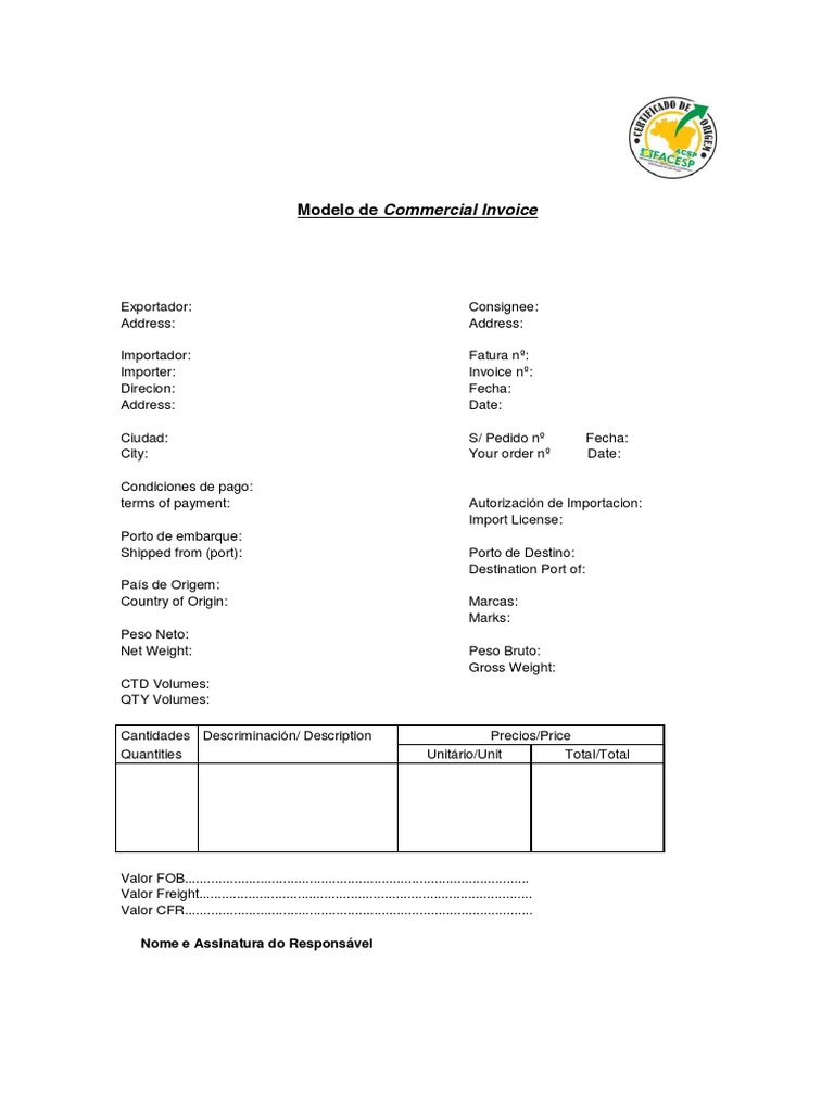 Modelo de Fatura Comercial Exportação | PDF