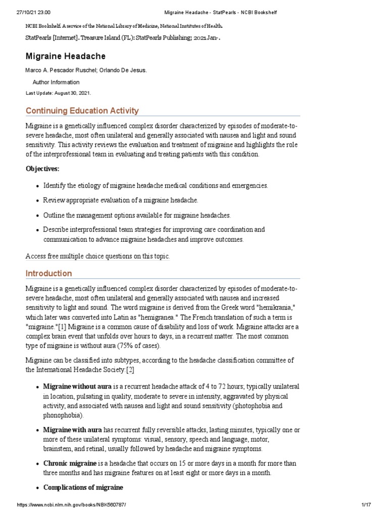 Migraine Headache - StatPearls - NCBI Bookshelf | PDF | Migraine | Headache