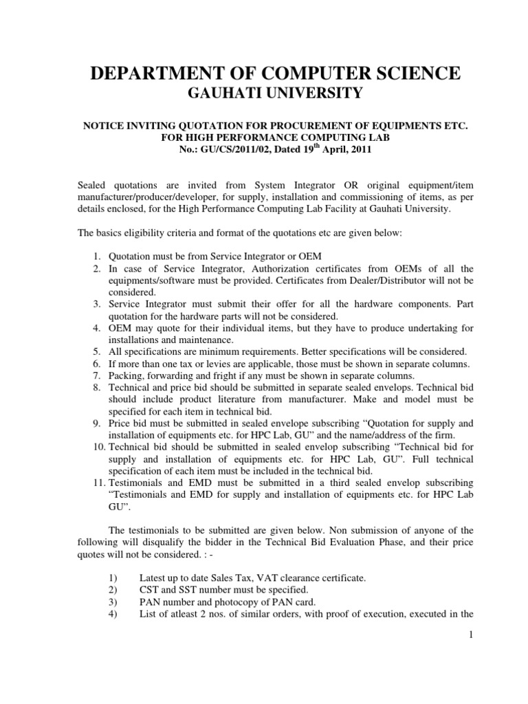 HPC Lab Equipment Quotation Notice | PDF | Computer Engineering ...