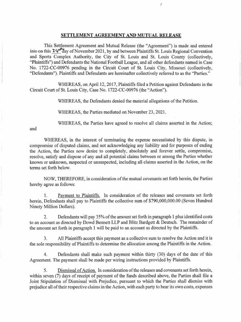 Settlement Agreement NFL, Rams, St. Louis | PDF | Lawsuit | Injunction