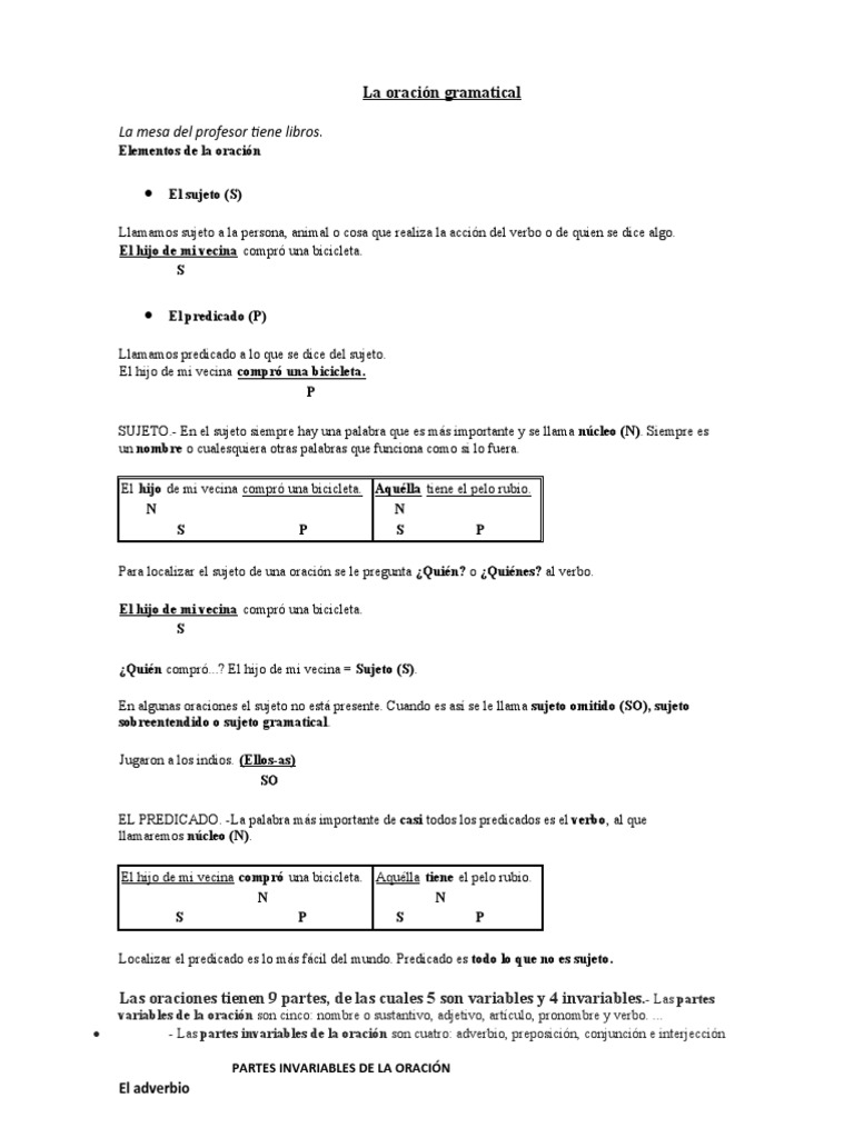 Elementos de la oración gramatical y sus partes | PDF | Asunto ...