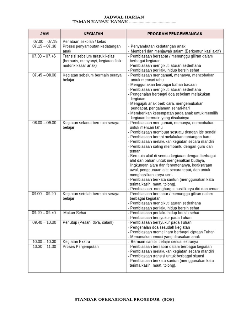 Jadwal dan SOP TK Lengkap | PDF