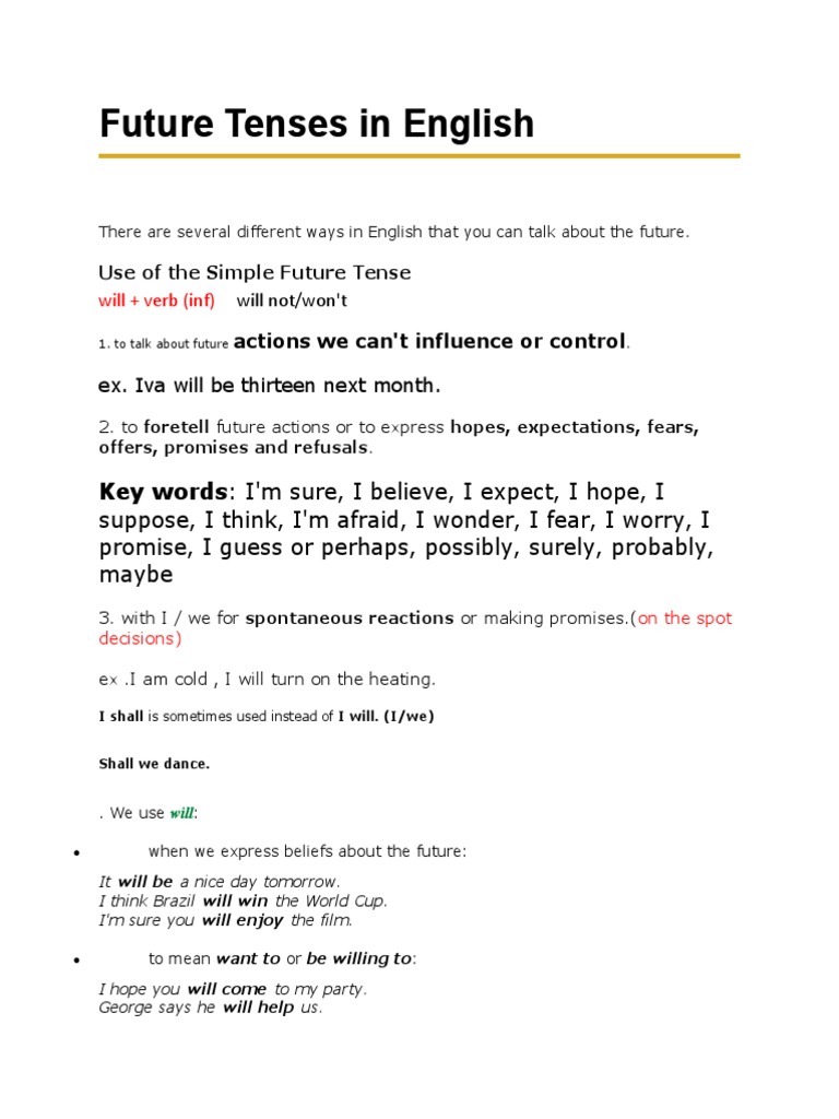Future Simple Tense Keywords Guide | PDF