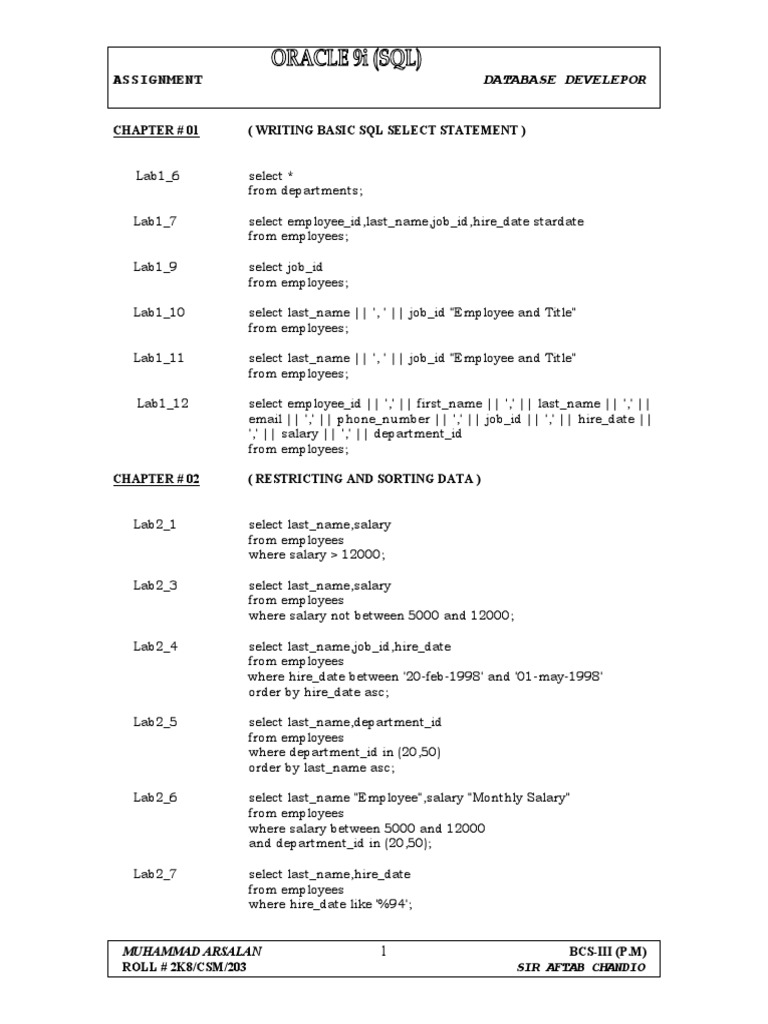 Assignment Database Develepor: Chapter # 01 (Writing Basic SQL Select ...