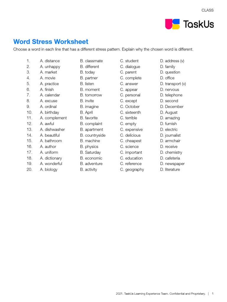 Word Stress - Worksheet | PDF