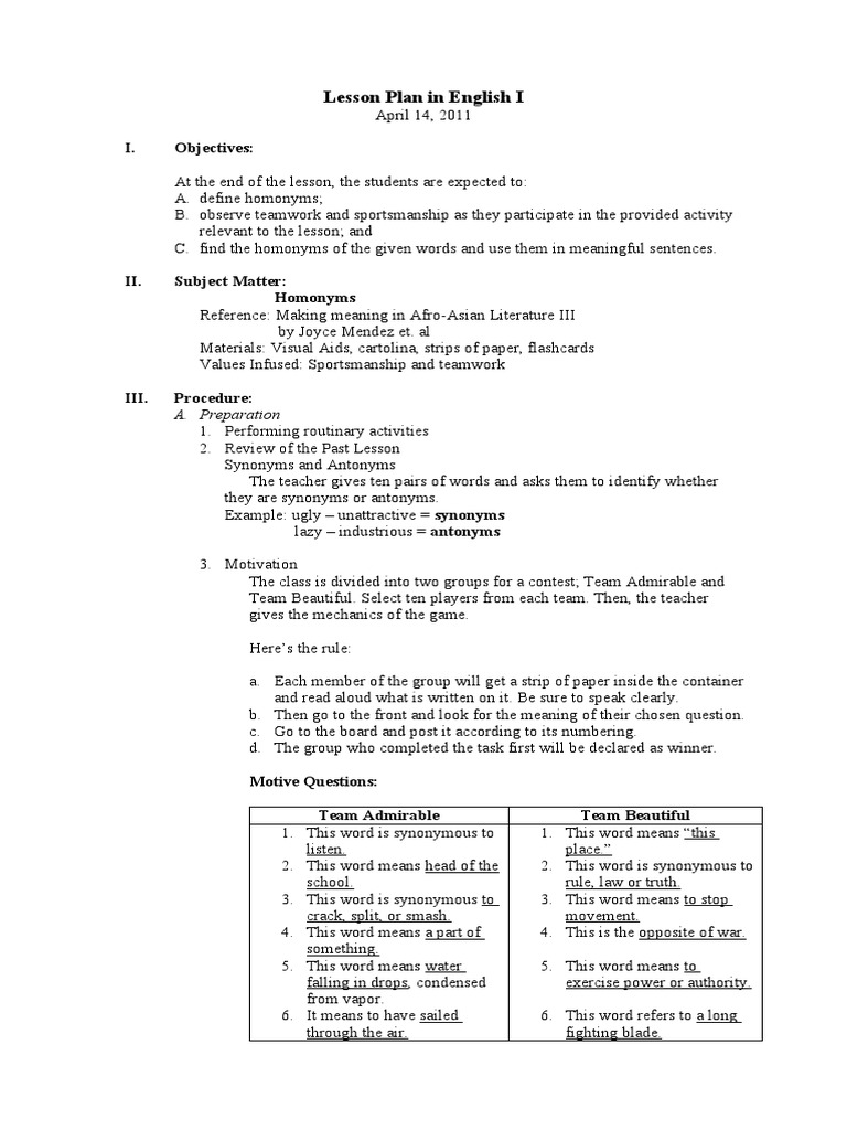 Grade 3 Homonyms Lesson Plan | PDF | Lesson Plan | Cognition