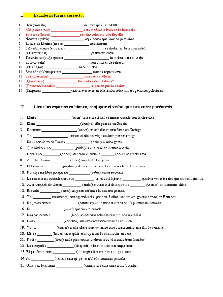 Preterito Perfecto Ejercicios | PDF