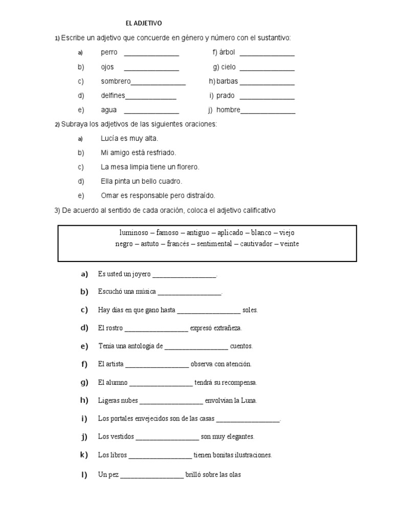 Ejercicios sobre Adjetivos en Español | PDF | Adjetivo