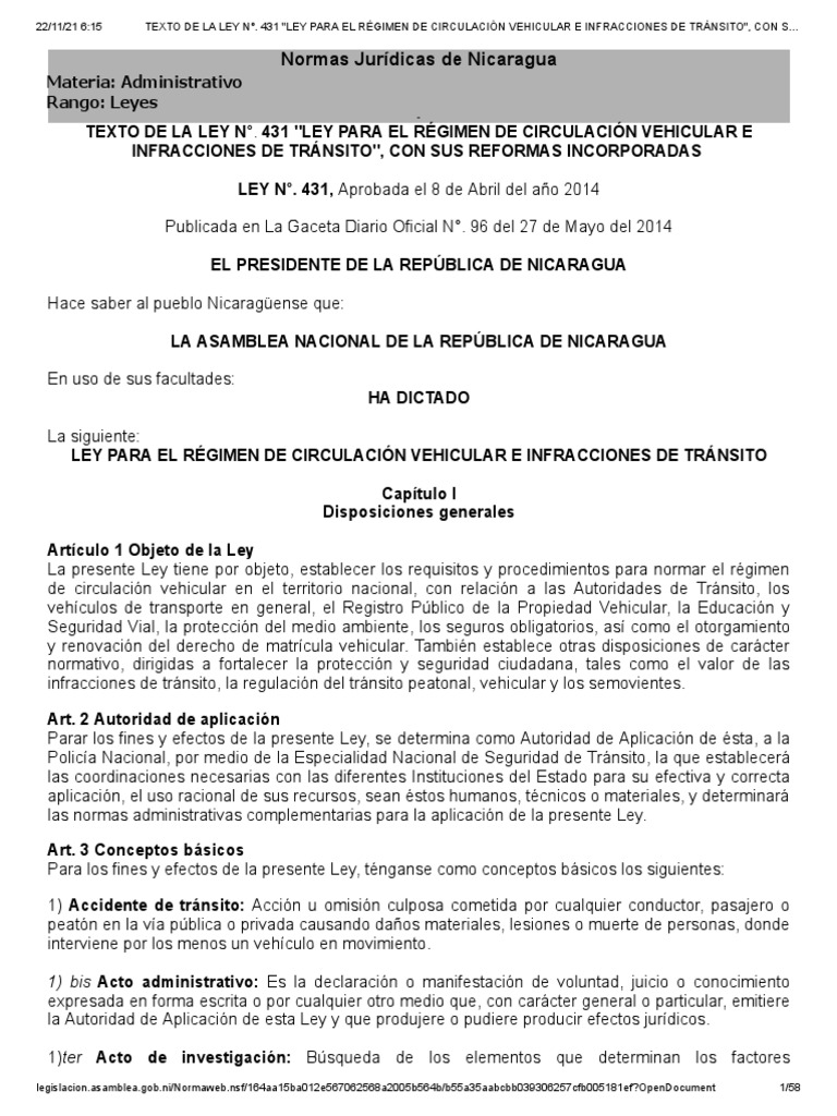 Ley N°. 431 - Con Sus Reformas Incorporadas | PDF | Peatonal | Policía