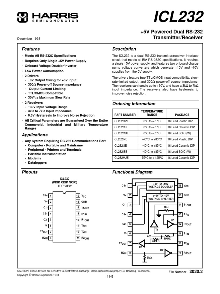 Description Features: +5V Powered Dual RS-232 Transmitter/Receiver | PDF | Cmos | Power Supply