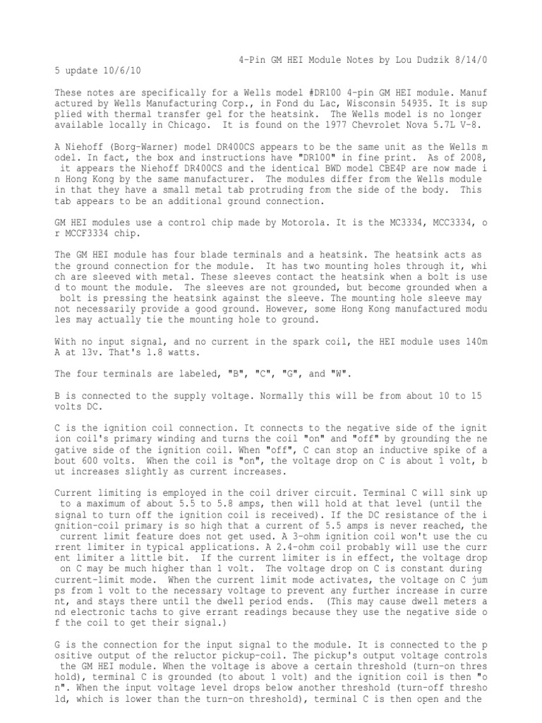 4-Pin GM HEI Module Notes | PDF | Inductor | Ignition System