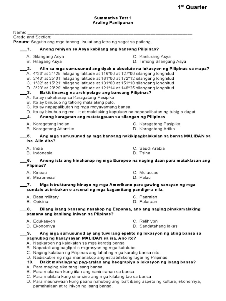 1st Summative Test Araling Panlipunan | PDF