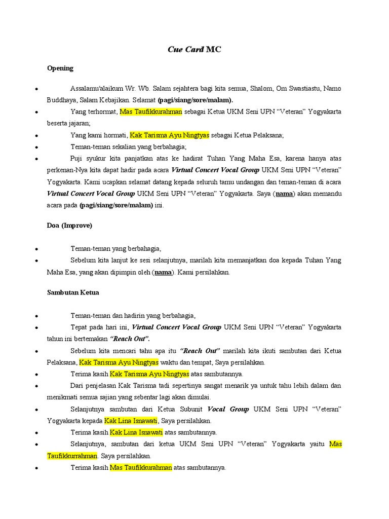 Cue Card MC Virtual Konser VG | PDF