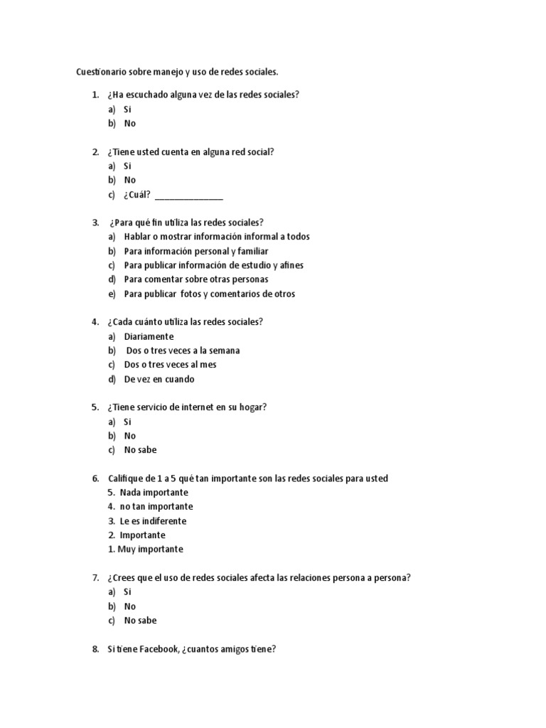 Cuestionario Sobre Redes Sociales