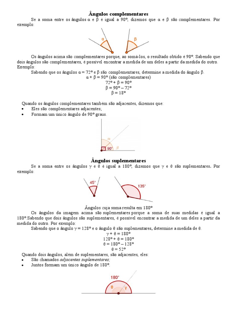 Propriedades de ângulos complementares, suplementares, adjacentes e ...