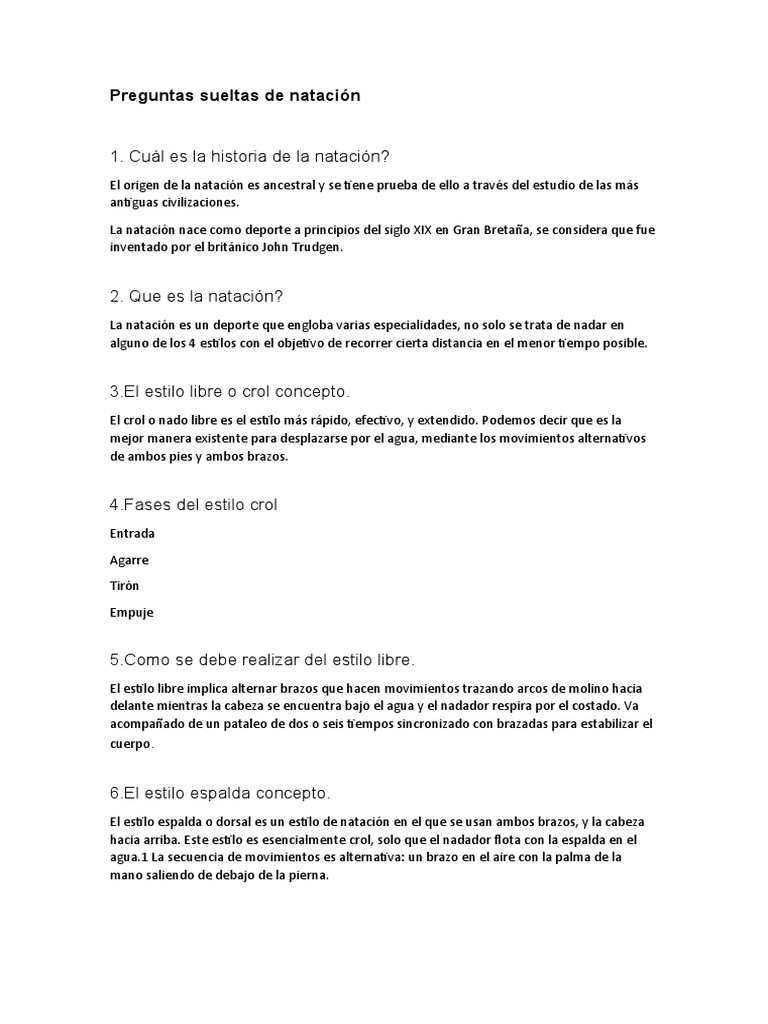 Preguntas Sueltas de Natación | PDF | Natación (deporte) | Nadando