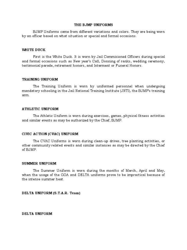 BJMP Uniform Guide - Types and Uses | PDF