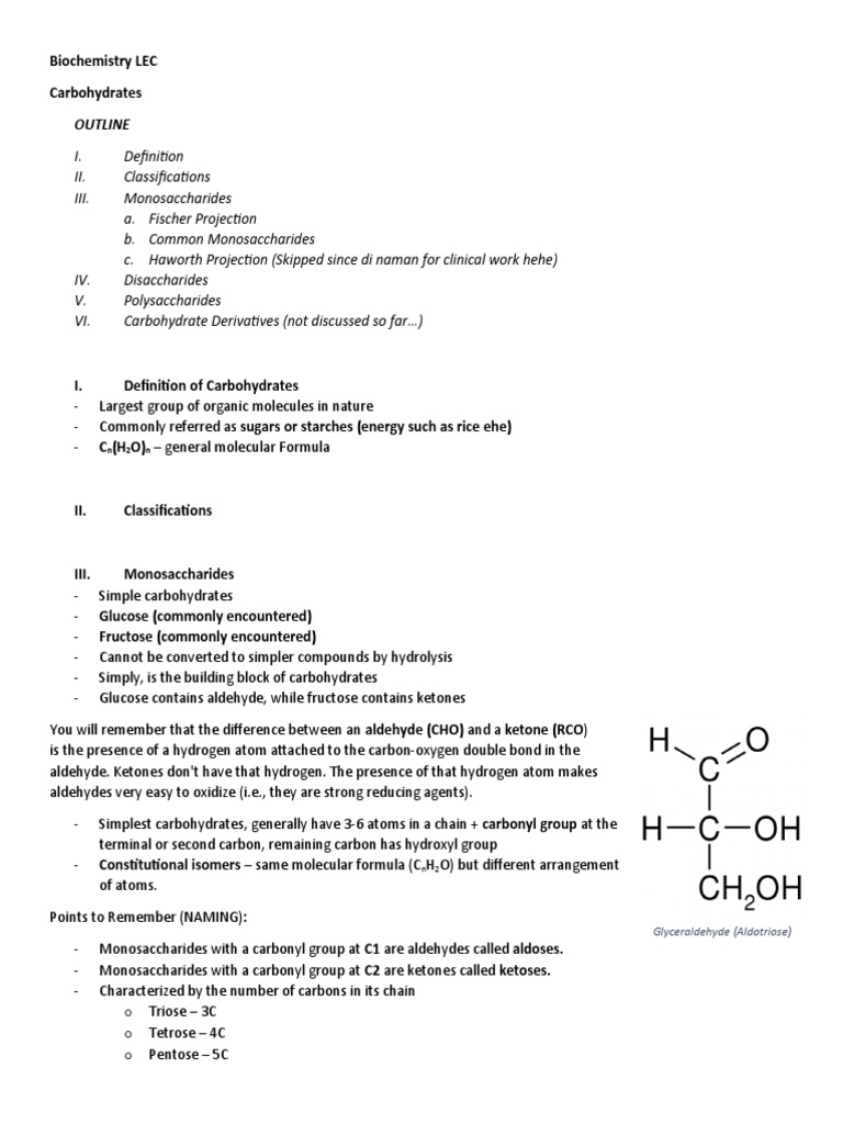 Outline: Biochemistry LEC Carbohydrates | PDF | Carbohydrates | Glucose