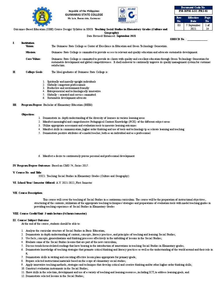 SYLLABUS in Teaching Soc Stud. | PDF | Curriculum | Lesson Plan