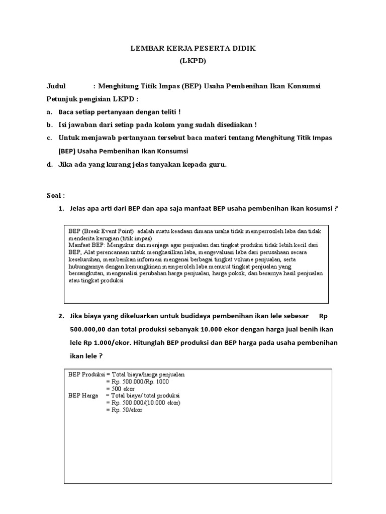 LKPD Perhitungan Titik Impas (Bep) Pembenihan Ikan Konsumsi | PDF
