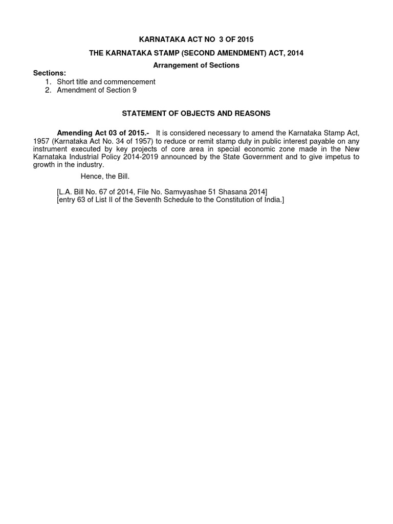 Karnataka Stamp (Second) Amendment Act, 2015 | PDF | Second Amendment ...