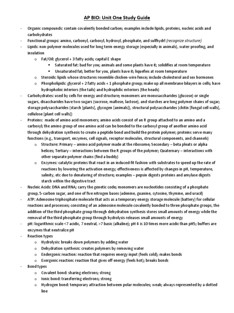 AP Biology Unit 1 Study Guide | PDF | Carbohydrates | Lipid