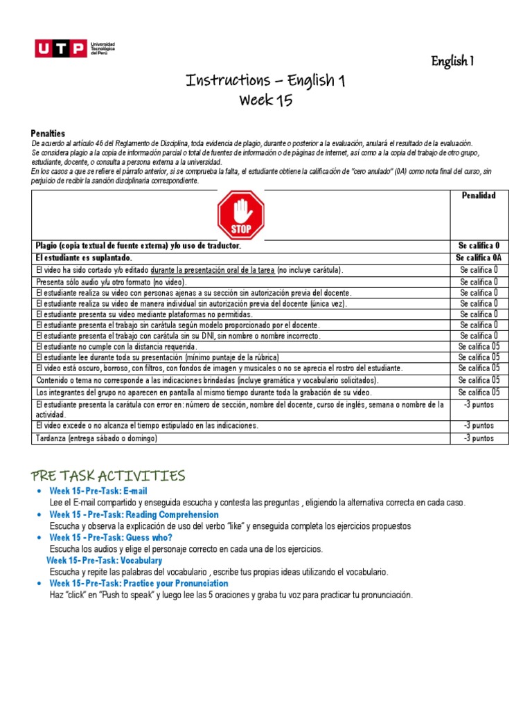 Week15 - Indicaciones en Español - Inglés I | PDF | Plagio