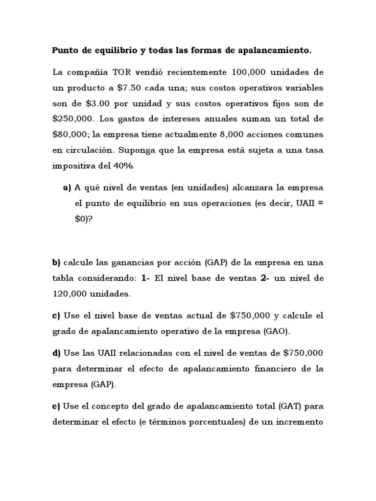 Punto de Equilibrio y Apalancamiento. | PDF | Apalancamiento (Finanzas) | Economias