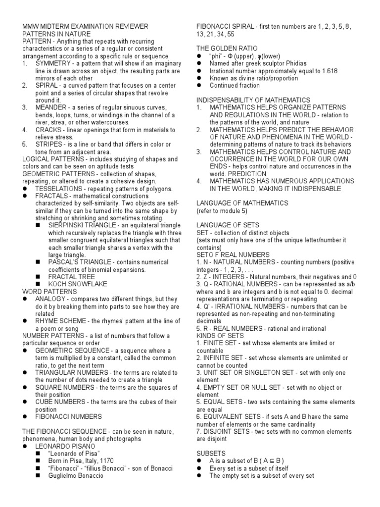 MMW Midterm Examination Reviewer | PDF | Pattern | Fractal