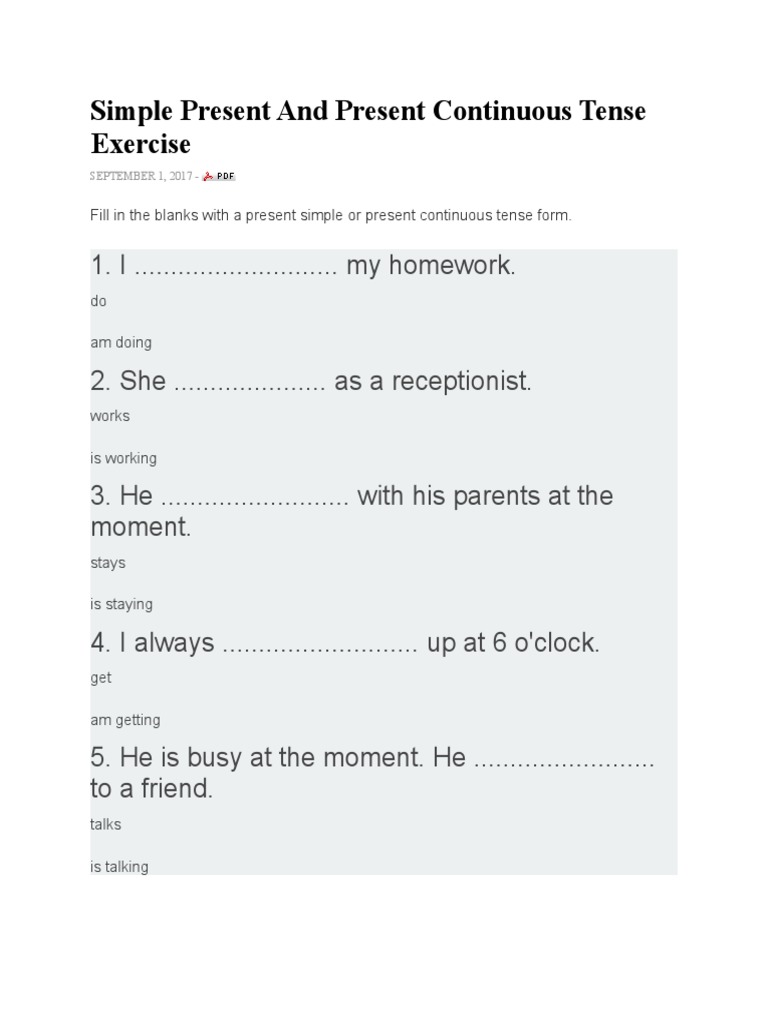 Simple Present and Present Continuous Tense Exercise | PDF ...