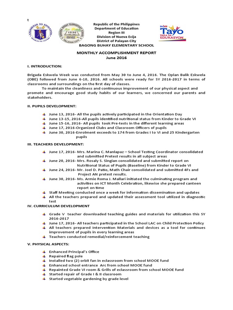 Monthly Accomplishment Report June 2016: Bagong Buhay Elementary School ...