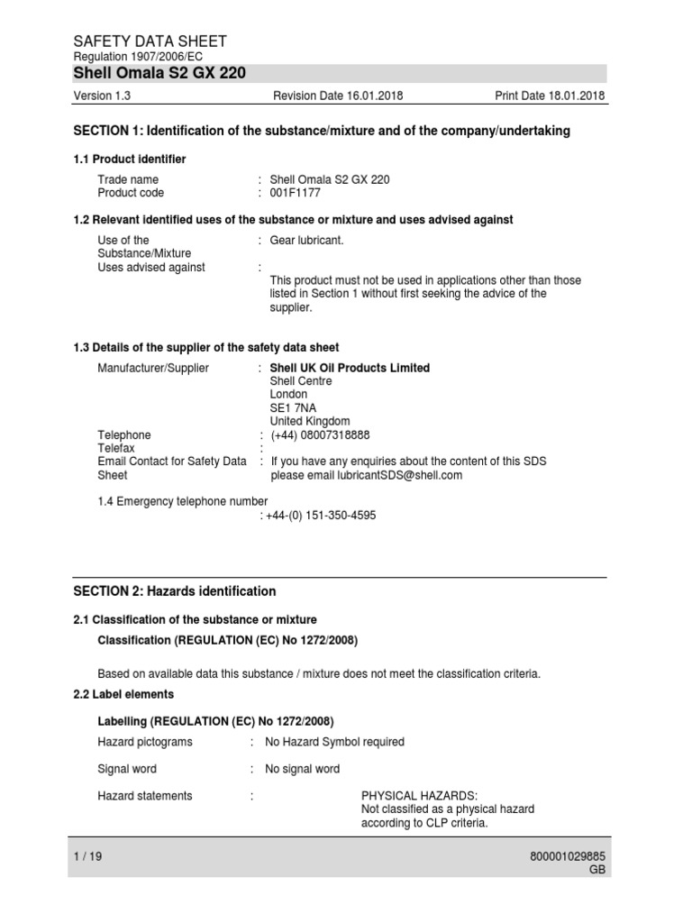 Shell Omala S2 GX 220: Safety Data Sheet | PDF | Dangerous Goods ...