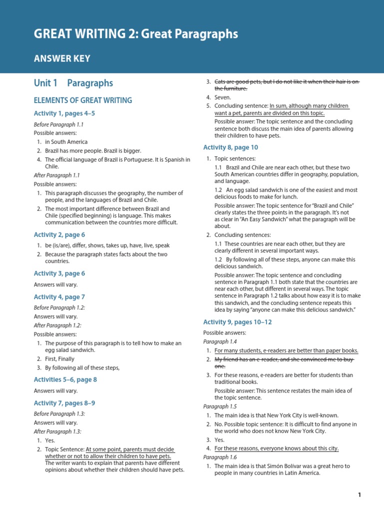 Great Writing 2: Great Paragraphs (5th Edition) - Answer Key | PDF ...