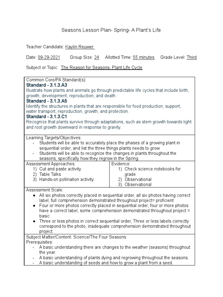 Lesson Plan Spring - A Plants Life | PDF | Seed | Flowers