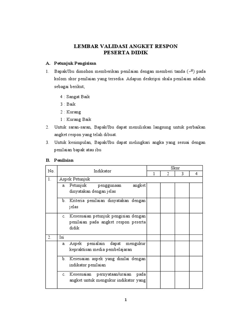 Lembar Validasi Angket Respon Peserta Didik | PDF