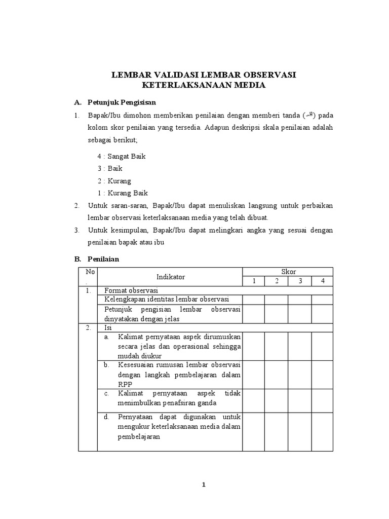 Lembar Validasi Lembar Observasi Keterlaksanaan Media Dalam Pembelajaran | PDF