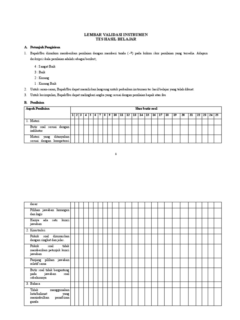 Contoh Lembar Validasi Instrumen Tes | PDF