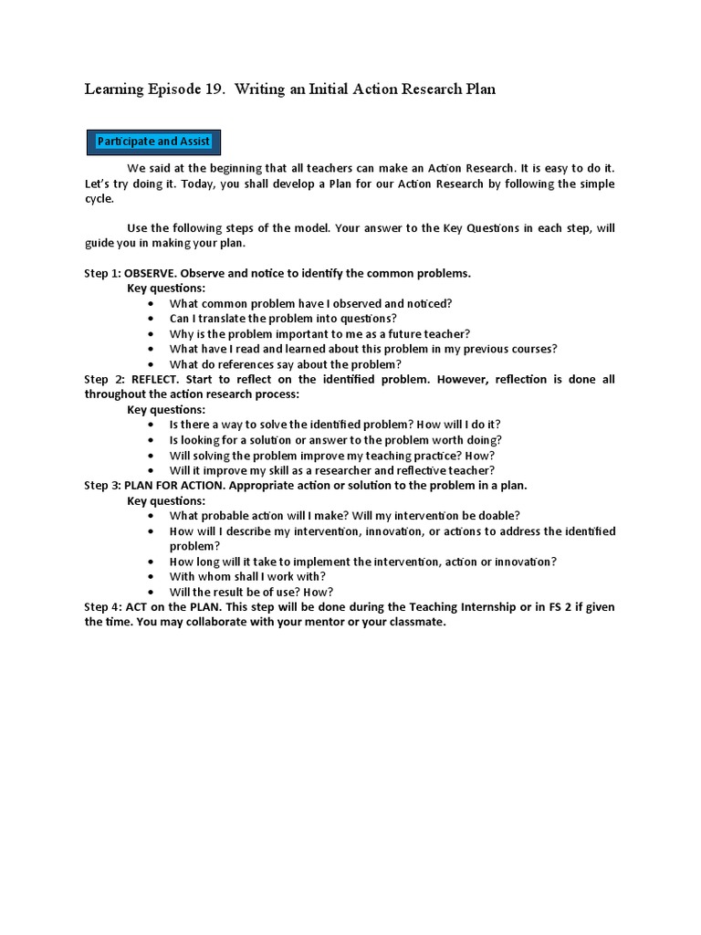 Learning Episode 19. Writing An Initial Action Research Plan | PDF | Action Research | Teachers