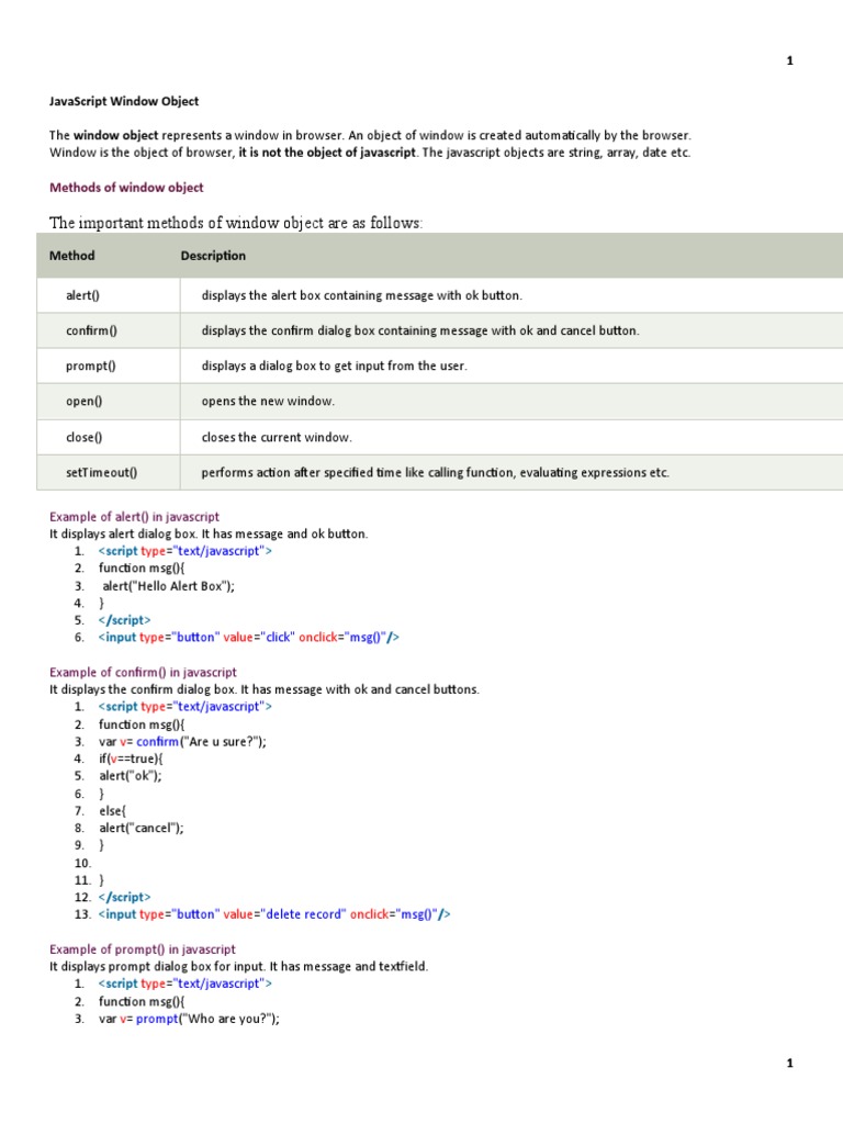 The Important Methods of Window Object Are As Follows | PDF | Java ...