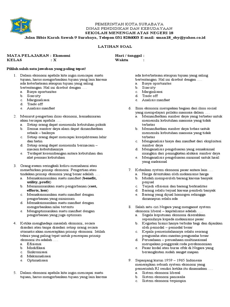 Latihan Soal Ekonomi Kelas X | PDF