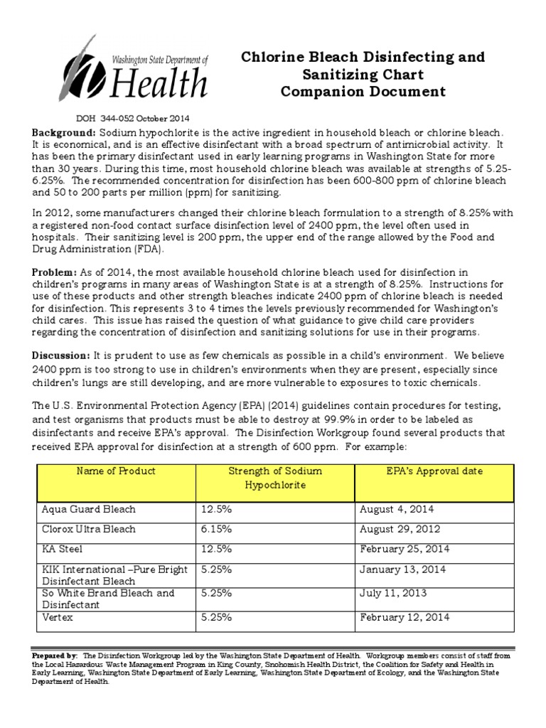 Bleach Disinfecting Chart Pdf Bleach Disinfectant